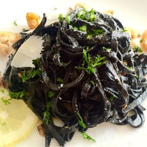 Squid Ink Linguine with Shrimp and Black Truffle Olive Oil
